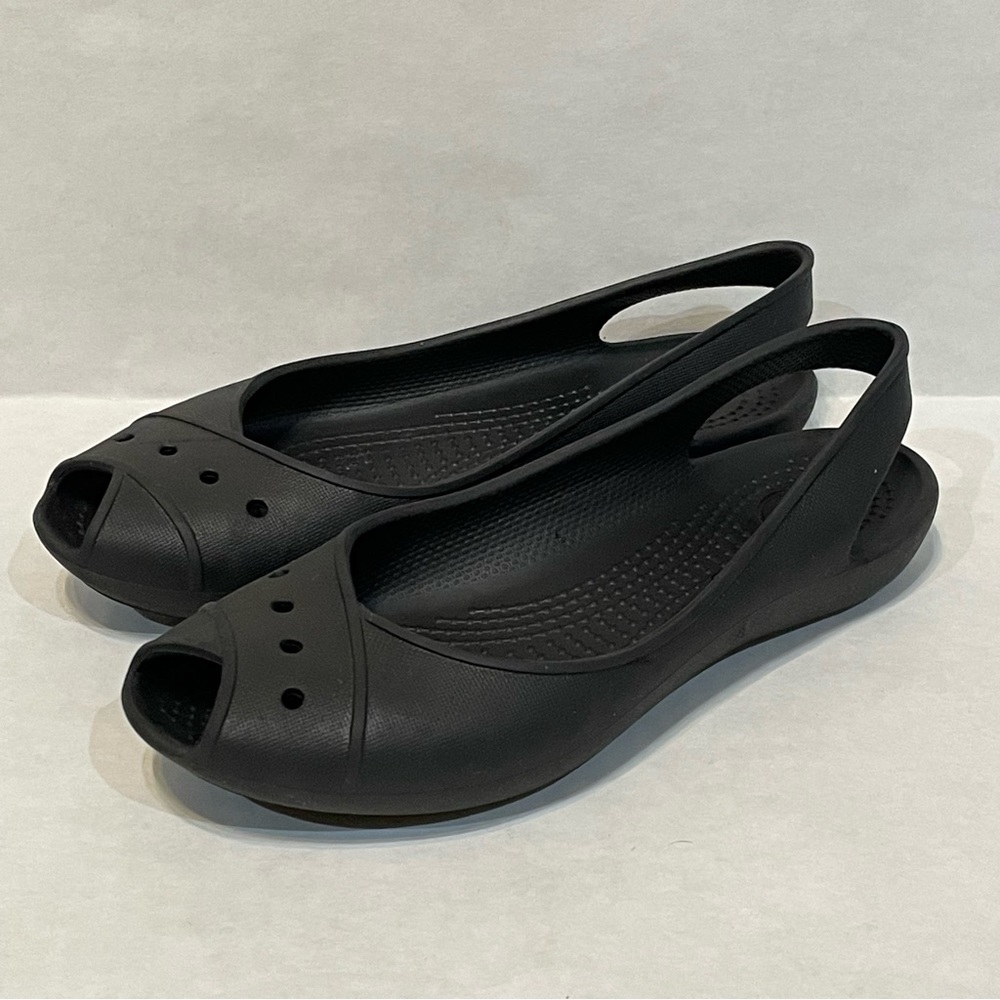 Crocs Farrah Black Slingback Peep Toe Flats Slip-On S… - Gem